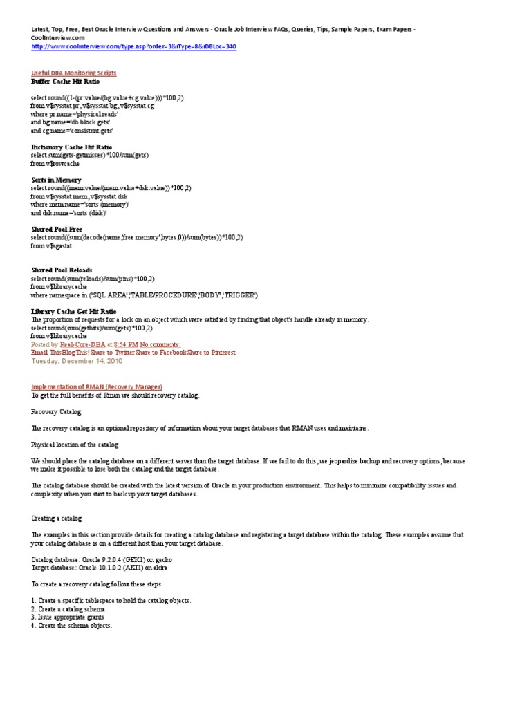 Buffer Cache Hit Ratio: Useful DBA Monitoring Scripts | PDF | Backup | Databases