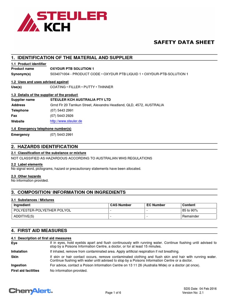 Oxydur PTB Solution 1 | PDF | Dangerous Goods | Personal Protective ...