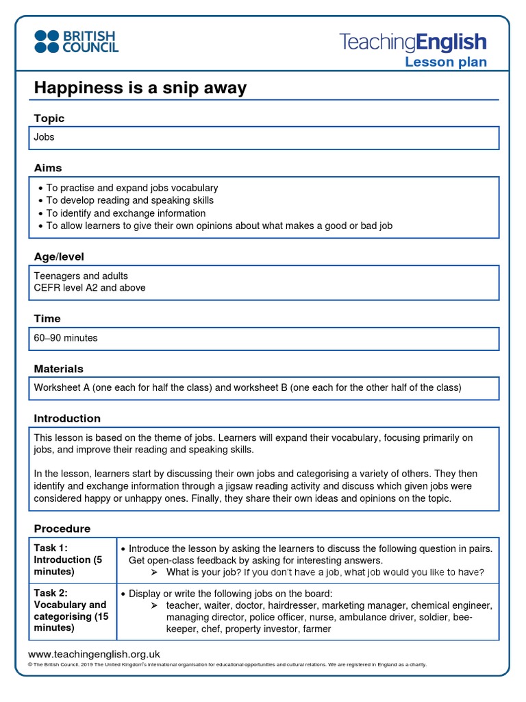 Happiness Is A Snip Away: Lesson Plan | PDF | Lesson Plan | Cognition