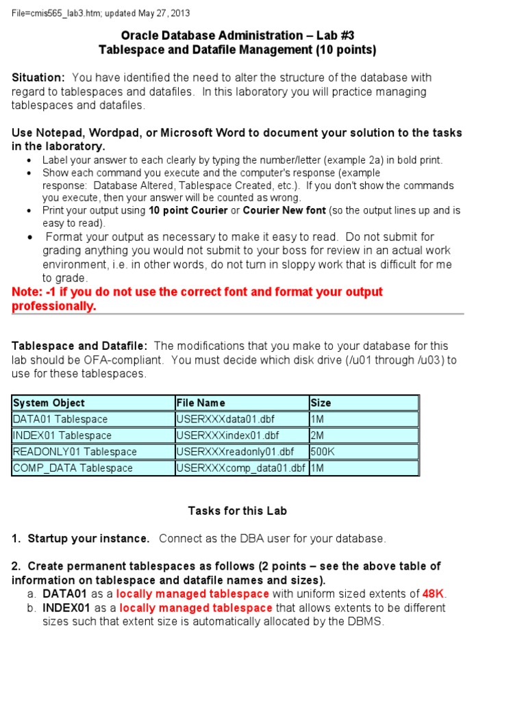 Lab#3 Tablespace and Datafile Management | PDF | Databases | Table (Database)