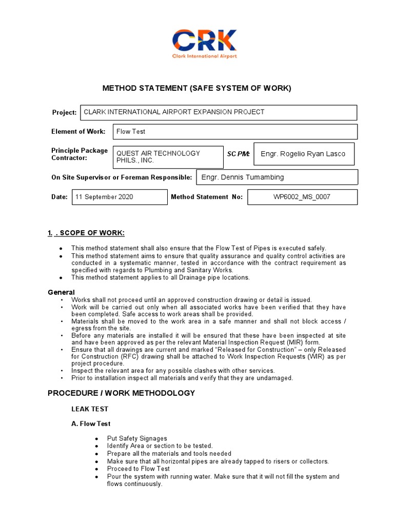 METHOD STATEMENT - Flow Test | PDF | Lighting | Safety
