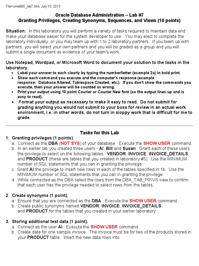 Lab#7 Granting Privileges, Creating Synonyms, Sequences, and Views | PDF | Table (Database ...