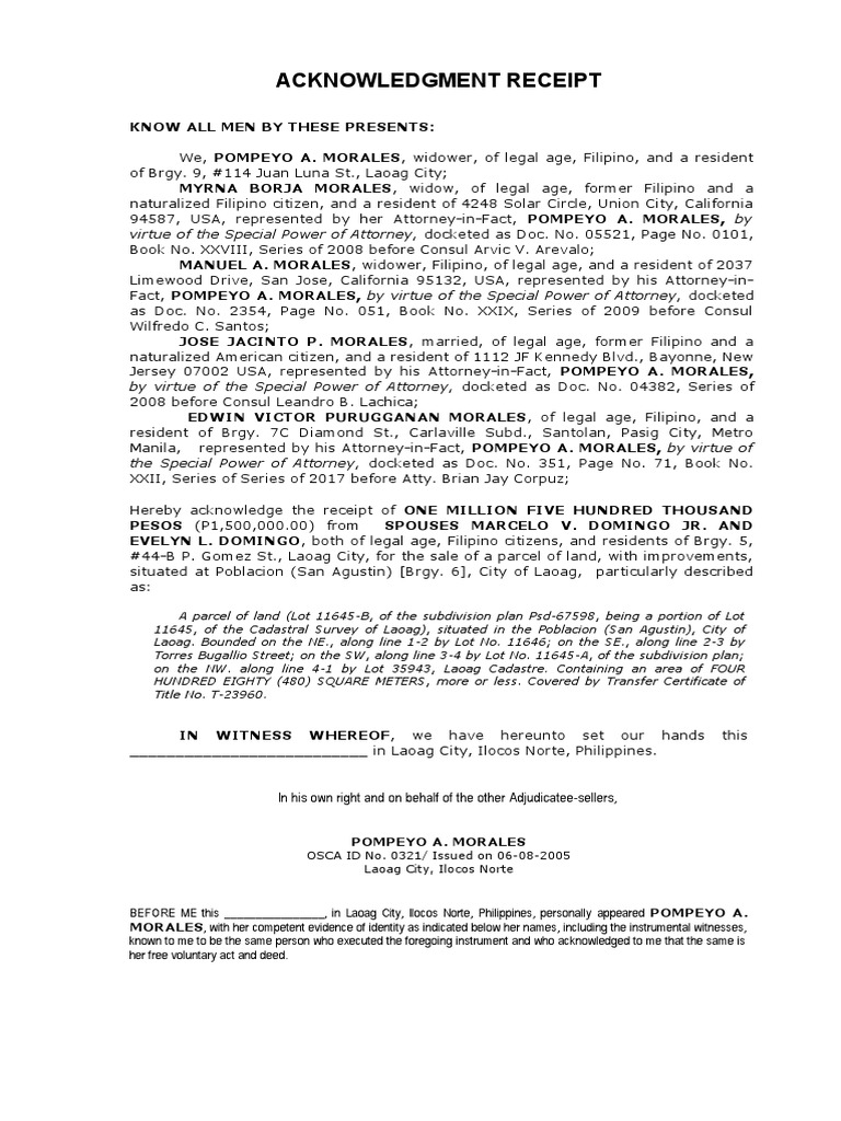 Acknowledgment Receipt: Virtue of The Special Power of Attorney ...