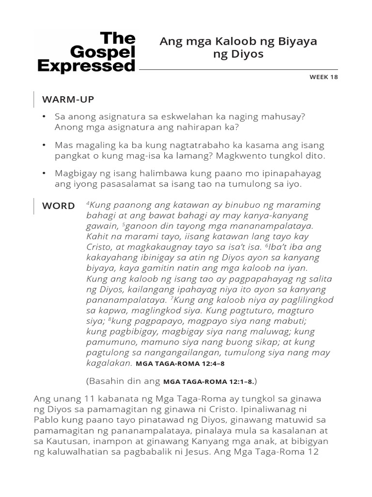 The Gospel Expressed Week 18 Ang Mga Kaloob NG Biyaya NG Diyos Mobile