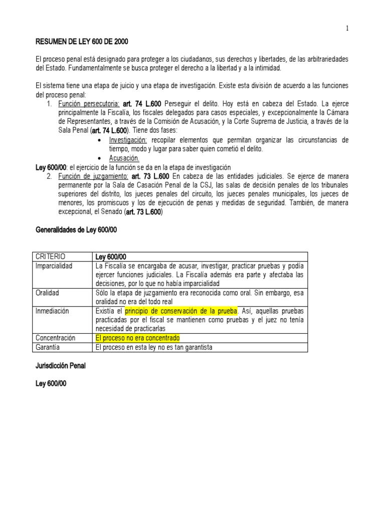 Resumen Ley 600 de 2000 | PDF | Sentencia (ley) | Derecho penal