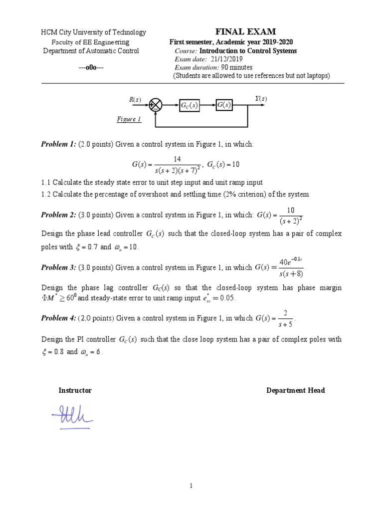 IntroCtrlSys - Final Exam - 1st Semester - 1920 - Solution PDF | PDF | Control System | Cybernetics