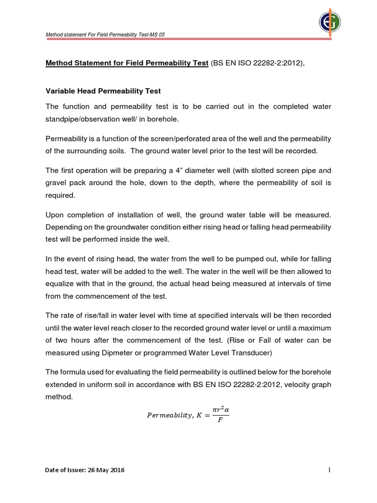 Method Statement For Field Permeability Test PDF | PDF | Groundwater ...