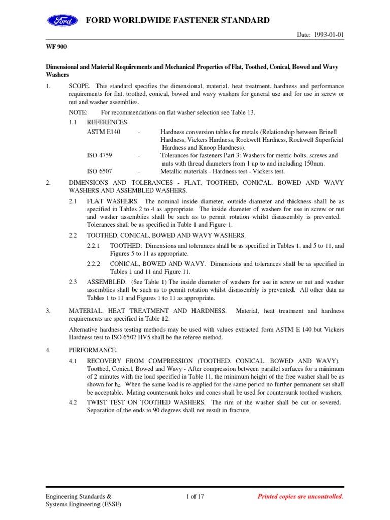 Ford Worldwide Fastener Standard: Printed Copies Are Uncontrolled | PDF | Washer (Hardware ...