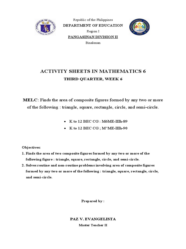 Activity Sheets in Math 6 - Third Quarter | PDF | Area | Geometry
