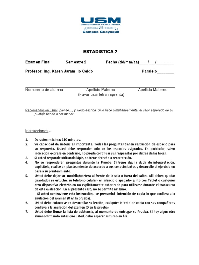 Examen - Final - Estadistica2 A | PDF | Muestreo (Estadísticas) | Teoría estadística