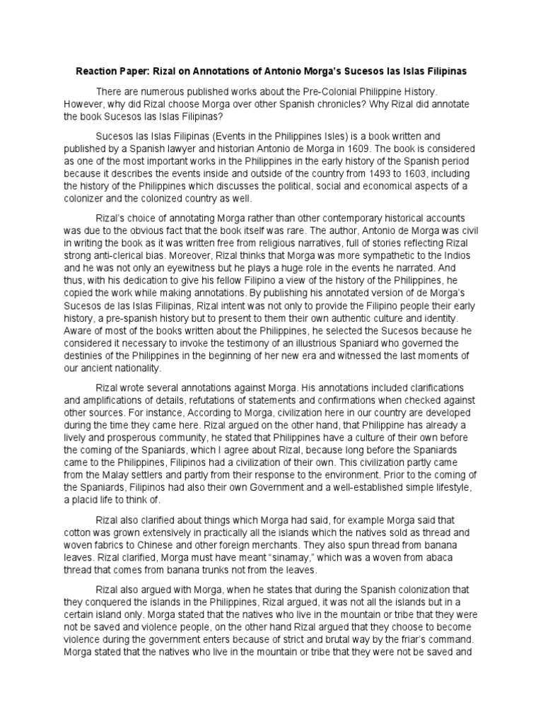 Reaction Paper: Rizal On Annotations of Antonio Morga's Sucesos Las ...