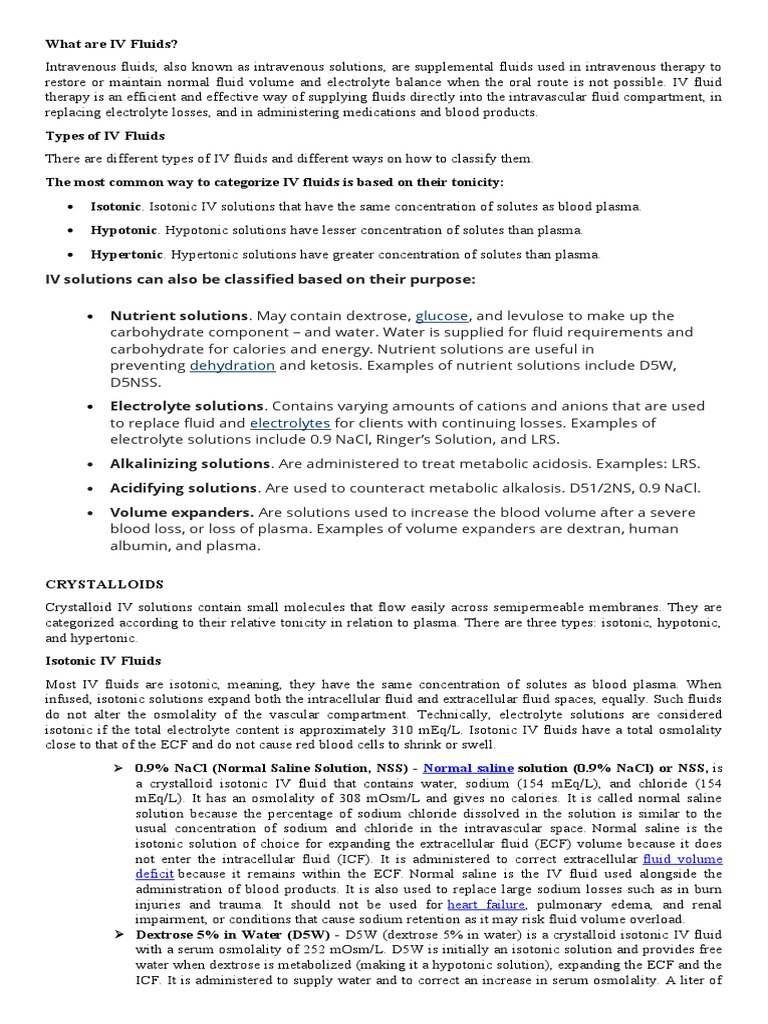 A Comprehensive Guide to IV Fluids: Types, Uses, and Nursing ...