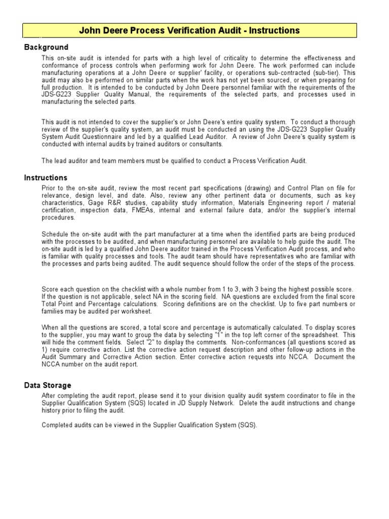 John Deere Process Verification Audit - Instructions: Background | PDF ...