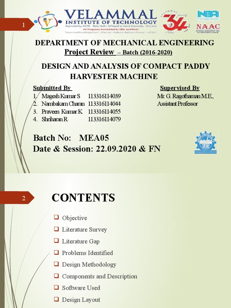 Department of Mechanical Engineering Project Review Design and Analysis of Compact Paddy ...