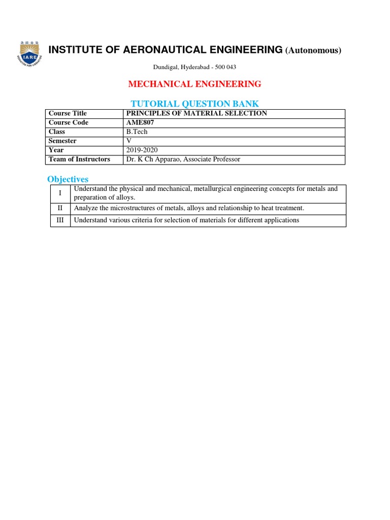 Principles of Material Selection Question Bank | PDF | Composite ...