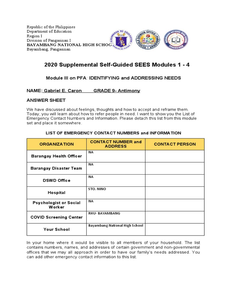 ONLINE and SELF GUIDED PFA Modules Answer Sheets Module 3 | PDF ...