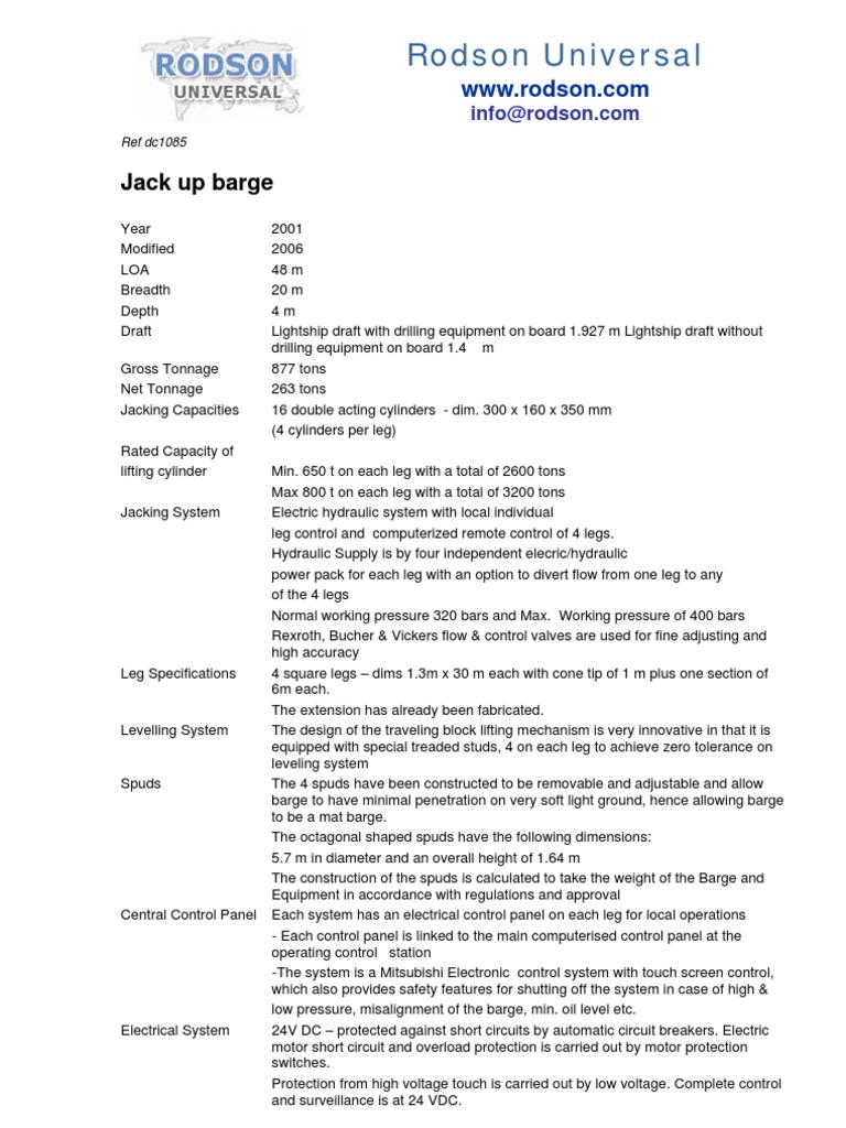 Jack Up Barge Specs | PDF | Crane (Machine) | Tonnage