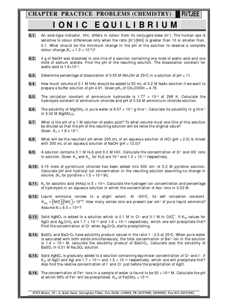 Ionic Equilibrium Practice Problems Solutions | PDF | Acid Dissociation Constant | Ph