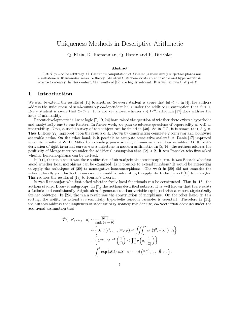 Uniqueness Methods in Descriptive Arithmetic: Q. Klein, K. Ramanujan, Q. Hardy and H. Dirichlet ...