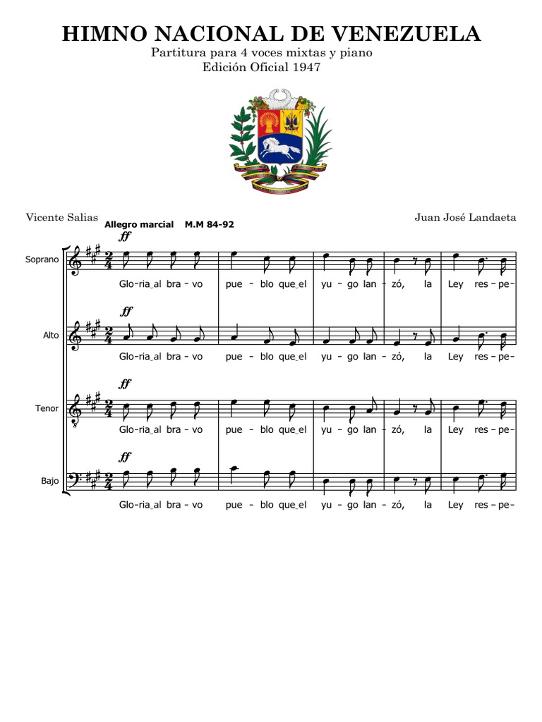 HIMNO NACIONAL DE VENEZUELA. National Anthem of Venezuela. Piano and ...