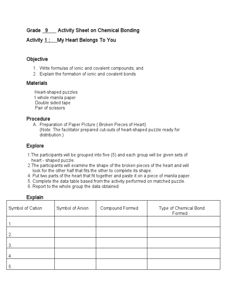 Grade 9 Activity Sheet On Chemical Bonding Activity 1: My Heart Belongs ...