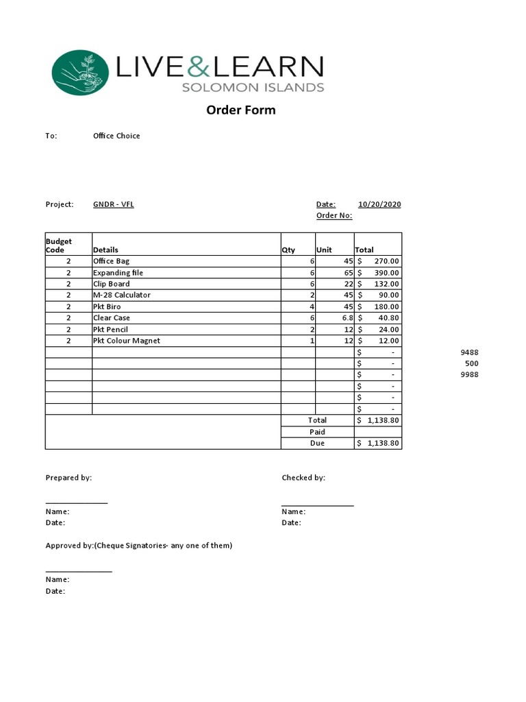 Order Form: Details Qty Unit Total Budget Code | PDF