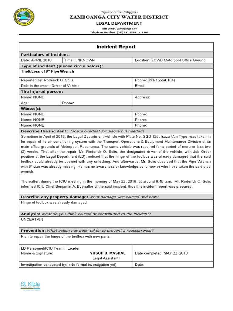 Incident Report - Theft & Loss of Pipe Wrench | PDF