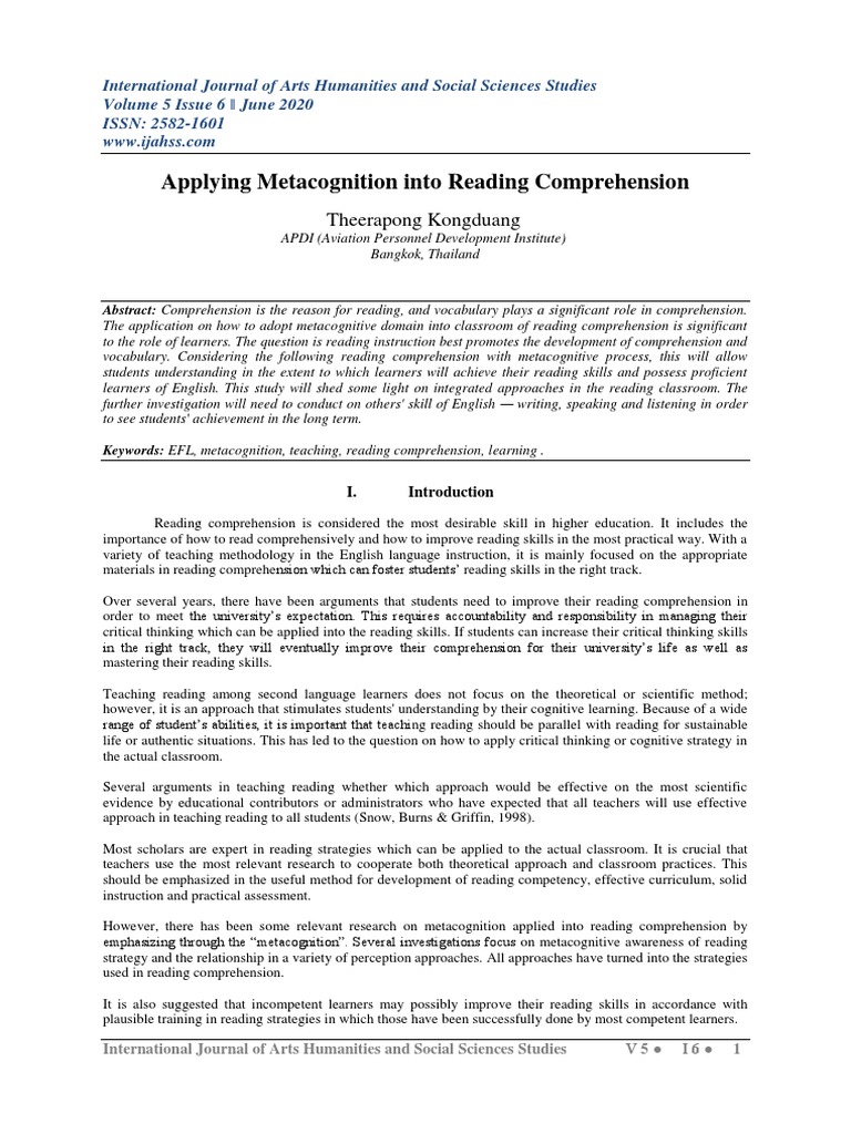 Metacognition in Reading Comprehension | PDF | Metacognition | Reading ...