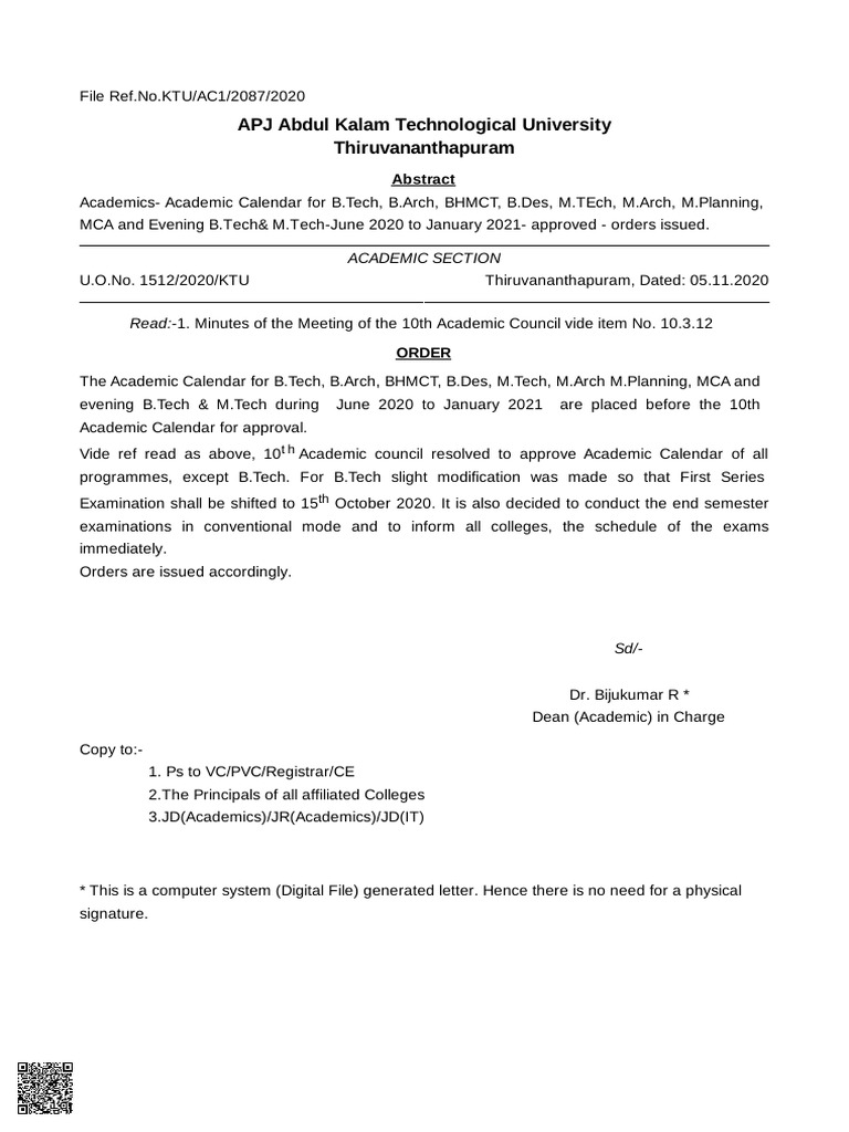 KTU Academic Calendar 2020-21 | PDF | Academic Term | Educational ...