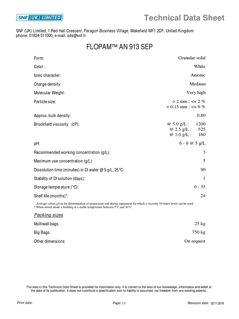 Flopam An 913 Sep - Tds - Be | PDF | Materials Science | Physical Sciences