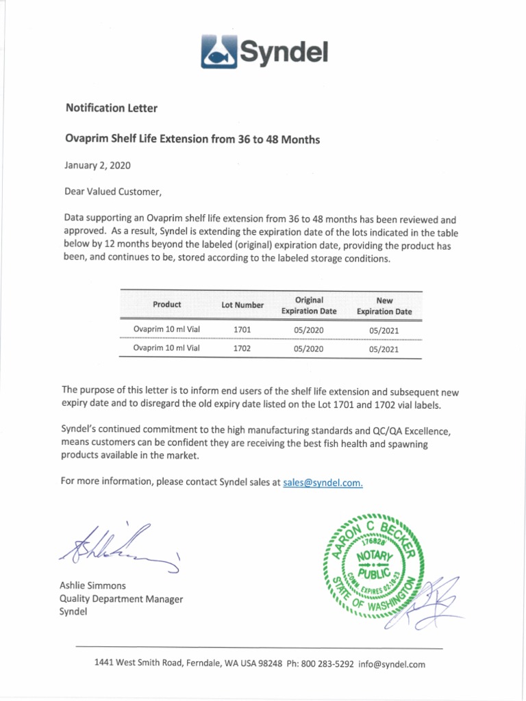 Ovaprim Shelf Life Extension Lot 1701 and 1702 Notification Letter Jan ...