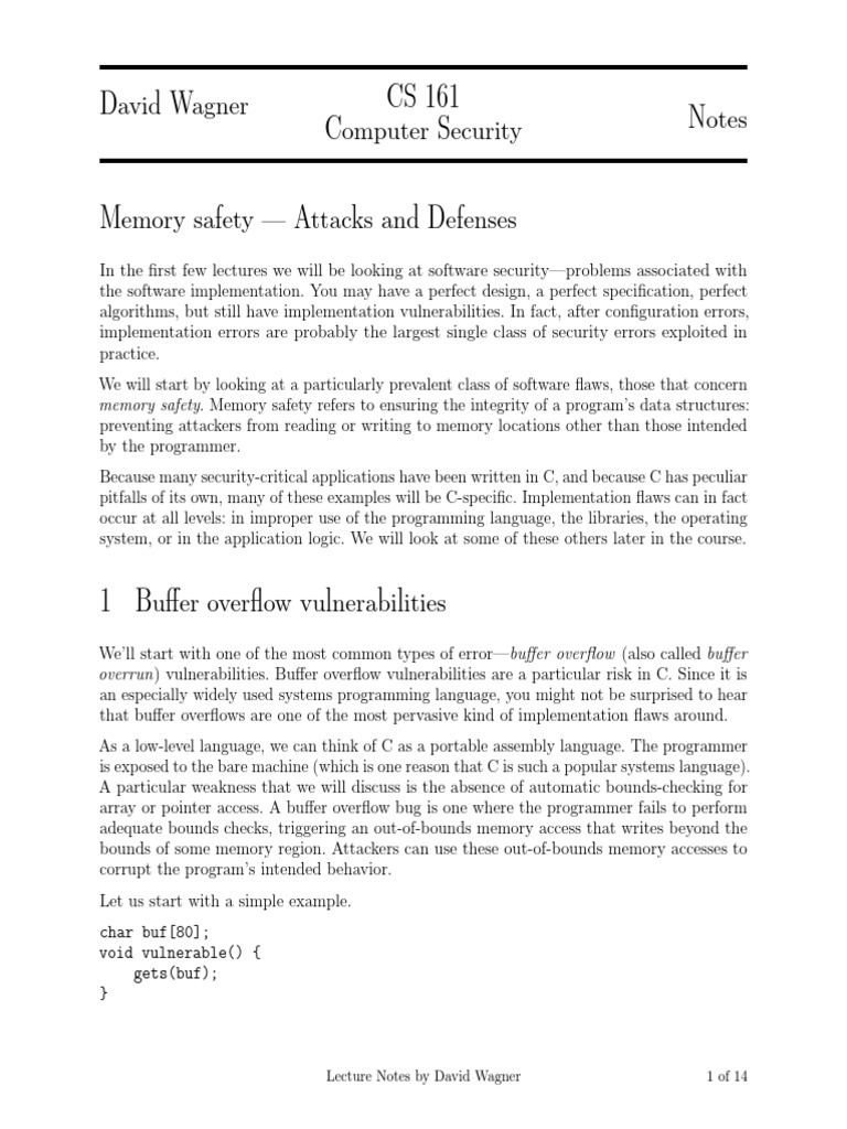 David Wagner CS 161 Computer Security Notes | PDF | Software Bug ...