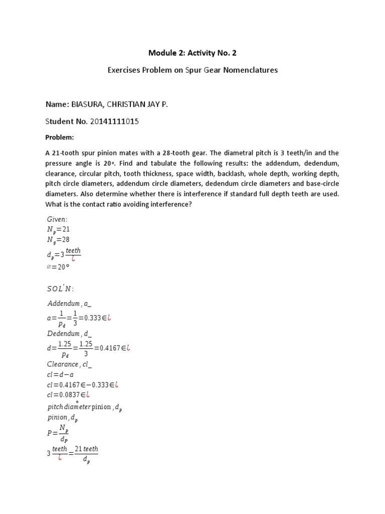 Exercises Problem On Spur Gear Nomenclatures: Module 2: Activity No. 2 | PDF | Gear | Mechanics
