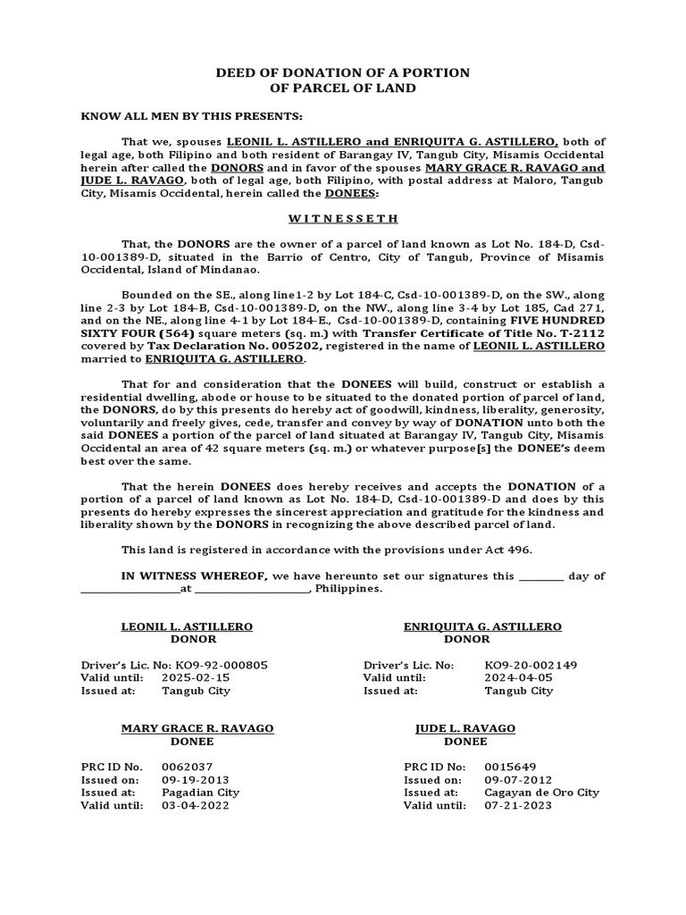 DEED OF DONATION OF A PORTION Lionel Astillero | Download Free PDF | Civil Law (Common Law ...