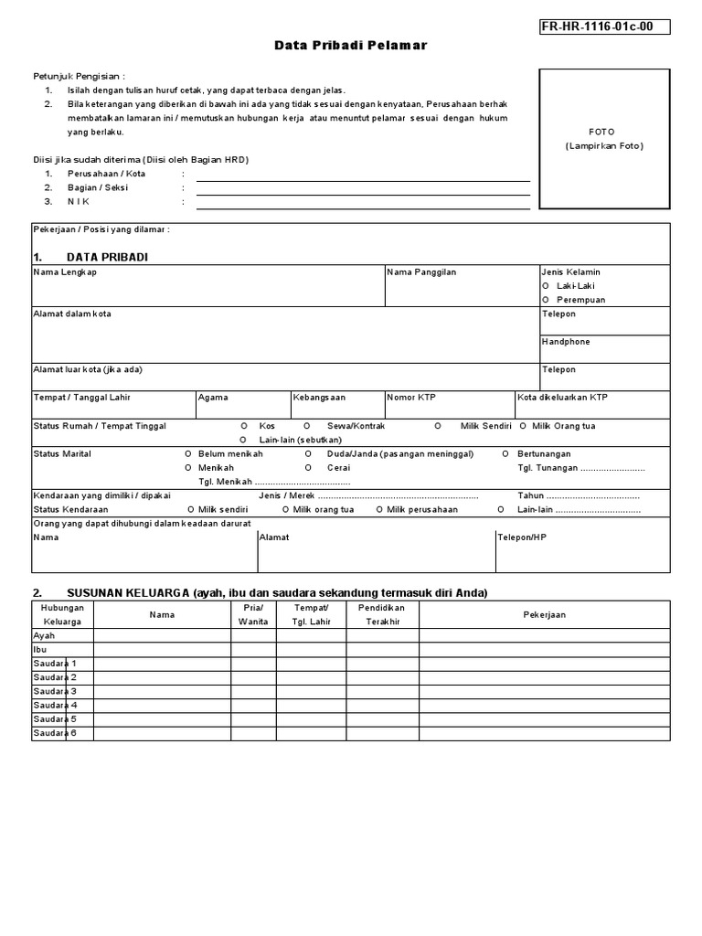 Form Data Pribadi Pelamar | PDF