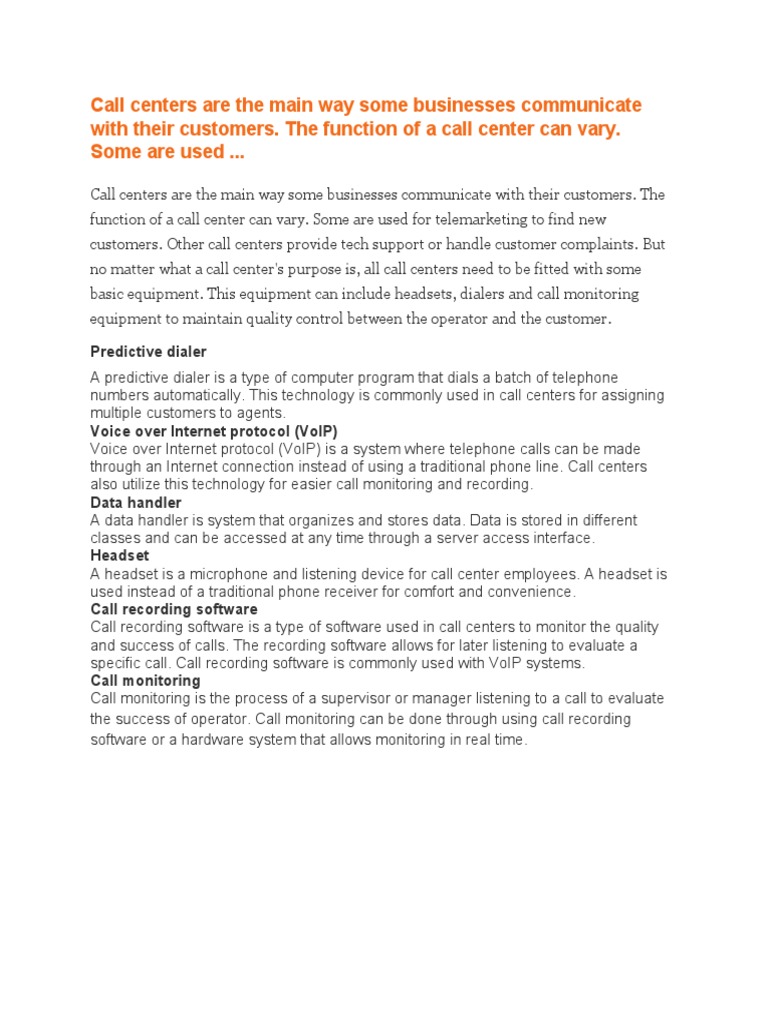 Call Center Equipment Required | PDF