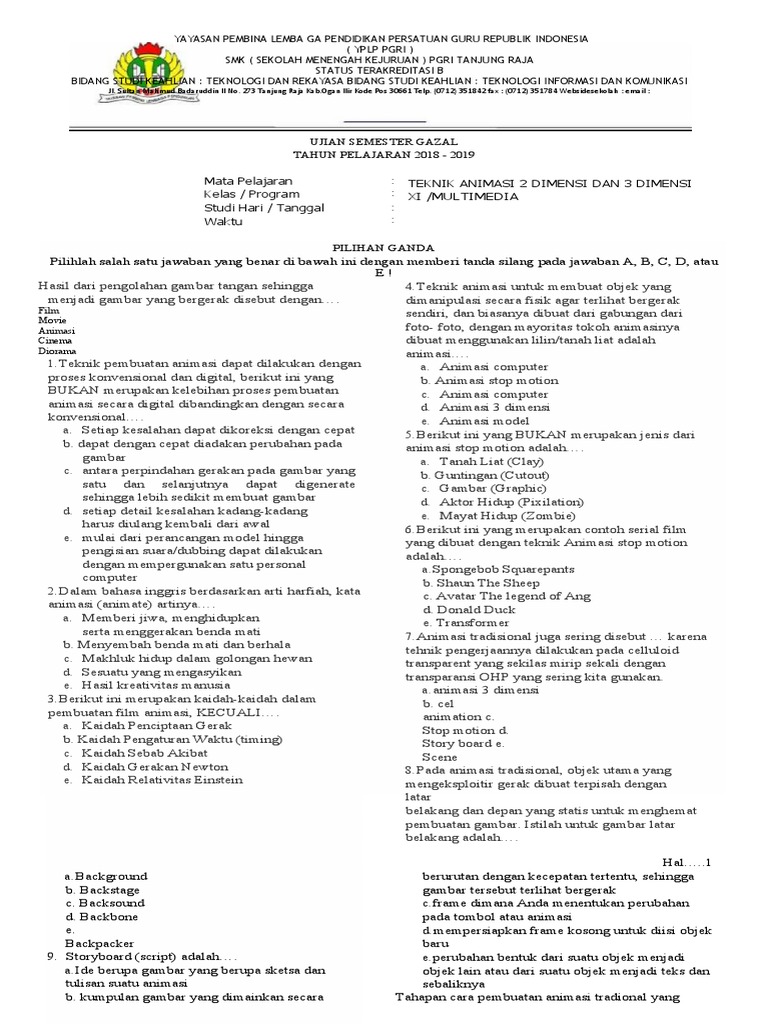 Soal UH Kelas 11 Multimedia (Teknik Animasi 2d 3d) | PDF