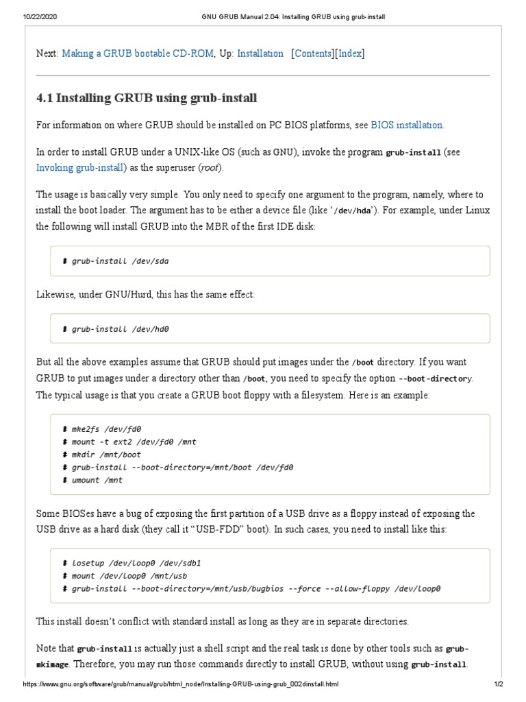 GNU GRUB Manual 2.04 - Installing GRUB Using Grub-Install | PDF | Booting | Microcomputers