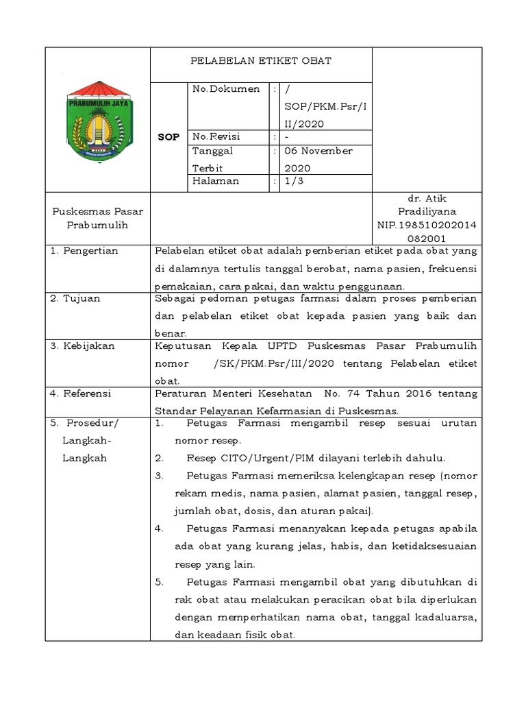 Sop Pelabelan Etiket Obat | PDF