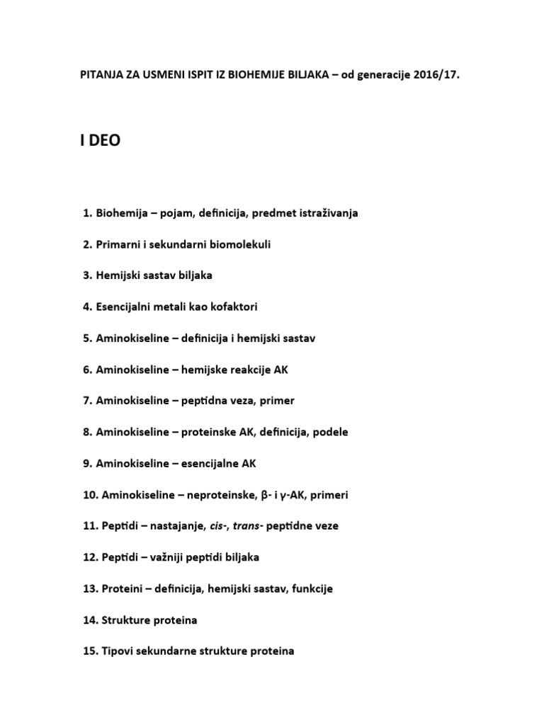 PITANJA ZA USMENI ISPIT IZ BIOHEMIJE BILJAKA - Od Generacije 2016-2017 | PDF
