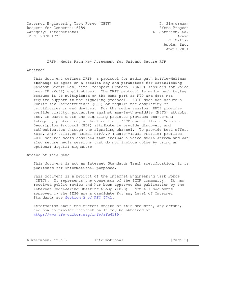 ZRTP | PDF | Networking Standards | Internet Protocols
