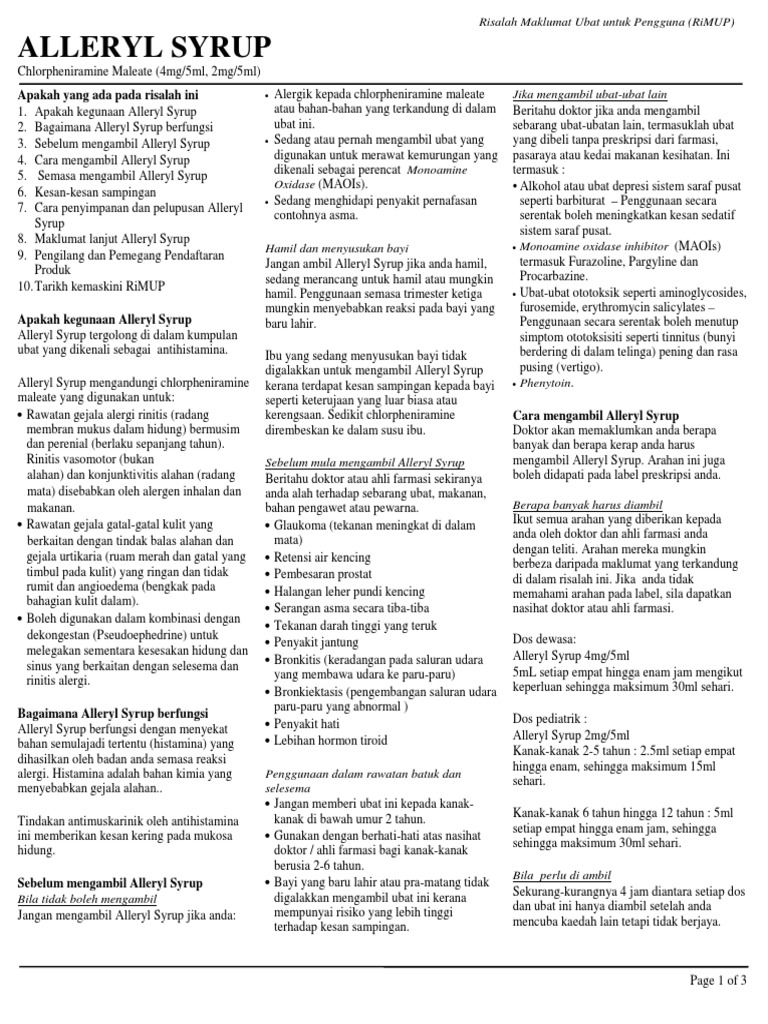 Alleryl Syrup 2mg, 4mg (Chlorpheniramine) Idaman Pharma Manufacturing ...