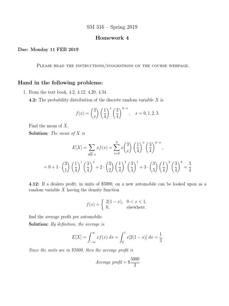SM 316 - Spring 2019 Homework 4 | PDF | Variance | Expected Value