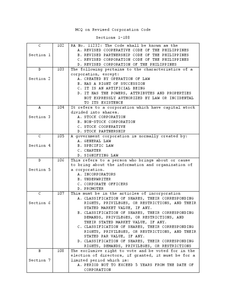Philippine Revised Corporation Code Reviewer | PDF | Corporations ...