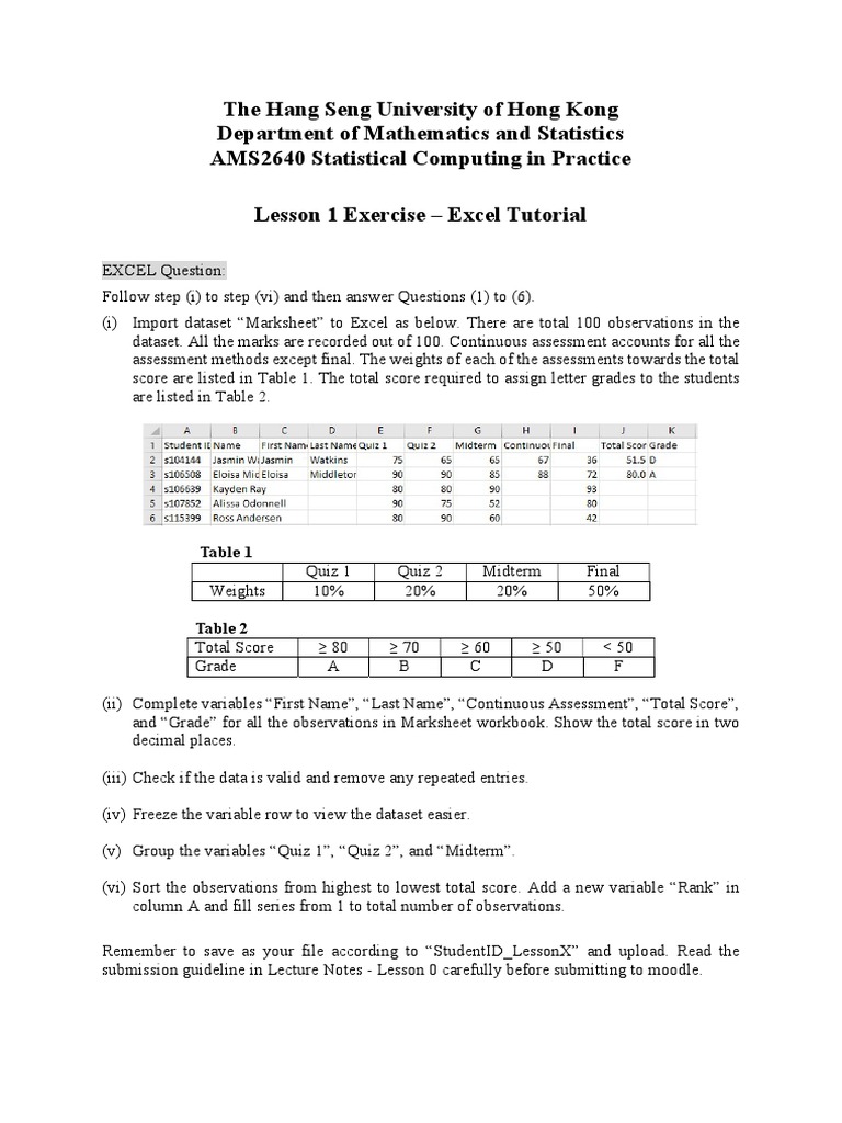 Exercise 1 - Excel Tutorial | PDF