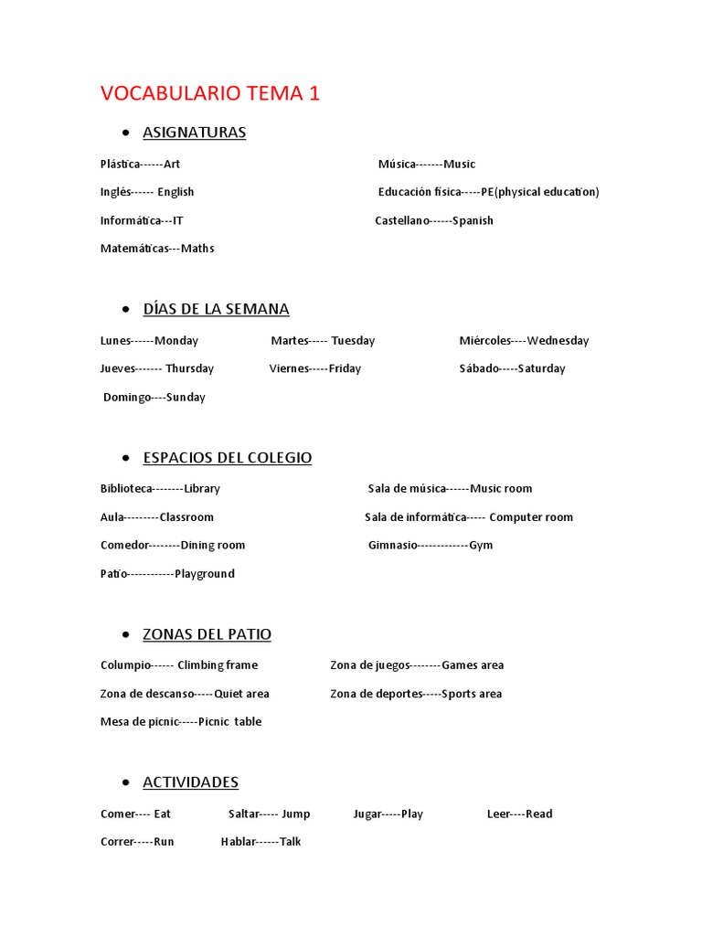 Vocabulario Escolar en Inglés 2024 | PDF