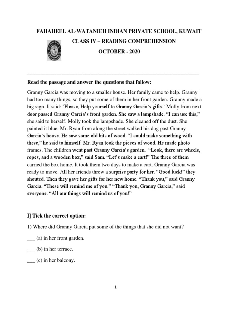 Class 4 Reading Comprehension Exercise | PDF