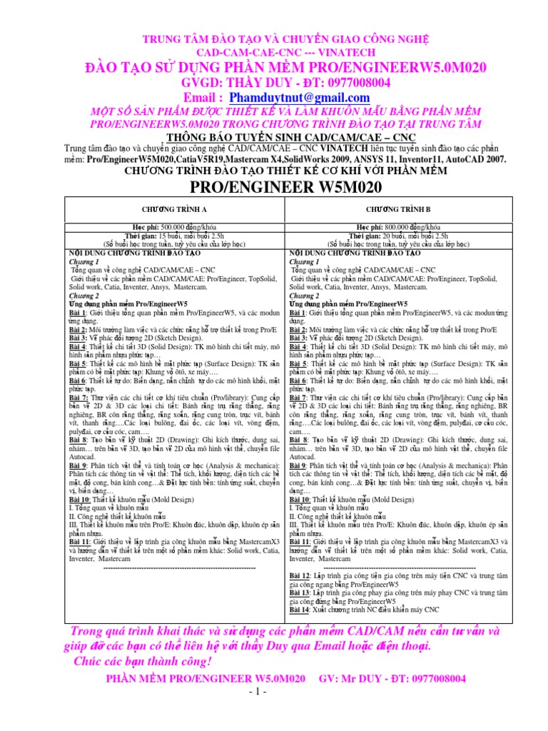 Chuong Trinh Dao Tao Mot So Phan Mem Tai TT&Mot So San Pham DC TK Va Tao Khuon Bang PM Pro ...