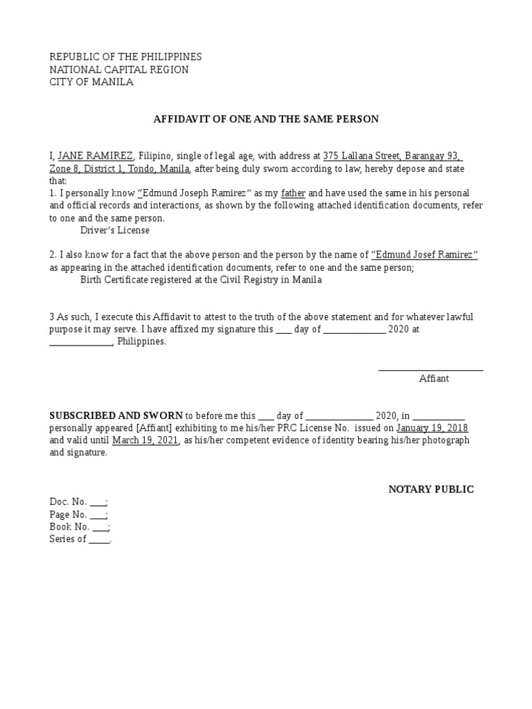 Affidavit of One and The Same Person | PDF | Law