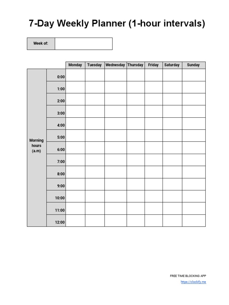 7-Day Weekly Planner (1-Hour Intervals) : Week of | PDF